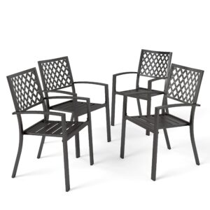 phi villa 4 pcs patio metal outdoor dining chairs, set of 4 stackable black patio chairs with armrest, indoor/outdoor portable wrought iron chairs for garden, yard, support 300 lbs