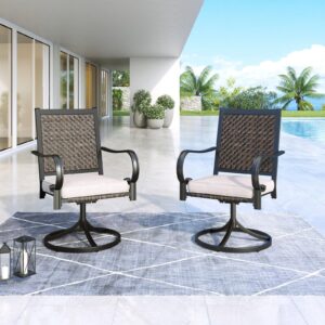 mfstudio patio swivel chair sets of 2, outdoor wicker dining swivel chairs set of 2 with beige cushions, armrests and metal frame, all-weather, 350lbs. brown