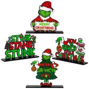 4pcs christmas wooden table centerpieces decoration green christmas thief wood desktop removable decor sign merry christmas gnome ornaments for christmas winter theme party decor table tier tray