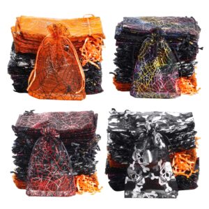 choyaxo 100pcs halloween organza bags spider web print satin drawstring candy jewelry bags for halloween drawstring gift bags 4 x 6 inches/10 * 15cm, 4 styles