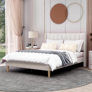 agartt upholstered platform bed frame full size with headboard and footboard/wooden slats support/no box spring needed/easy assembly, beige velvet