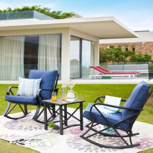 lokatse home 3 pieces outdoor bistro rocking set armchairs with cushion and coffee table, blue