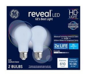 ge lighting ge reveal led light bulbs, 2x life, 8 watt (60 equivalent) hd+ light, standard bulb shape, medium base, dimmable (2 pack)