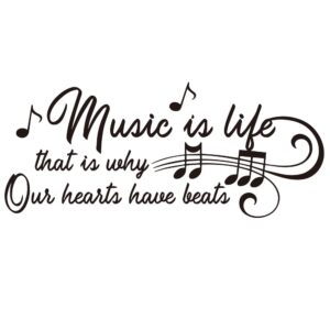 music is life that is why our hearts have beats notes music score instrument - carved black vinyl wall decal art letters quotes home decor wall letters without transparent edge not printed sticker