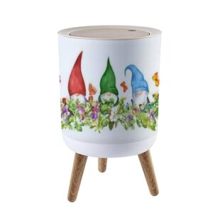 small trash can with lid for bathroom kitchen office diaper gnomes flowers grass flying butterflies bees insects vintage floral bedroom garbage trash bin dog proof waste basket cute decorative