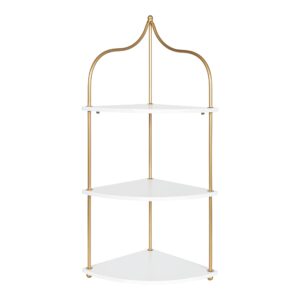 kate and laurel walters glam wall mounted corner shelf, 17 x 12 x 35, white and gold, decorative three tier corner wall shelf for storage and display