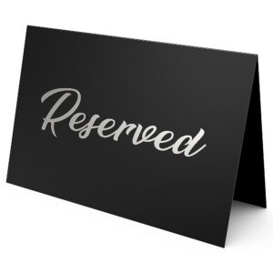 10 pack black reserved table signs for wedding - silver foil reserved seating signs for wedding chairs - church pews - double sided cardstock reserved signs for tables - table tent reservation cards