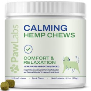 pawlabs calming hemp chews for dogs - relieve anxiety & stress - organic hemp, chamomile, protein powder, valerian root - natural calming aid - vet formulated, usa made - duck flavor - 120 count