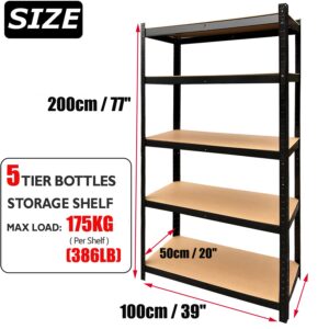 5-Tier Metal Shelving Unit, 39”W x 20”D x 77”H, Heavy Duty Adjustable Storage Rack, 1930 lbs Load Capacity (Total), for Garage, Basement, Warehouse