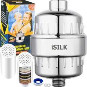 isilk hard water shower head filter – faucet, shower, tap softener hardwater to softwater purifier high output for kitchen & bathroom with vitamin c, 15 stage, 2 cartridges to remove salt