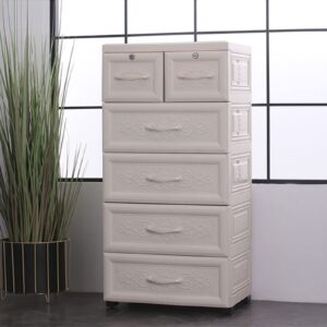 plastic drawers dresser, storage cabinet with 6 drawers, closet drawers tall dresser organizer for clothes,playroom,bedroom furniture, 4 wheels, 2 locks, 100lbs load capacity(white)