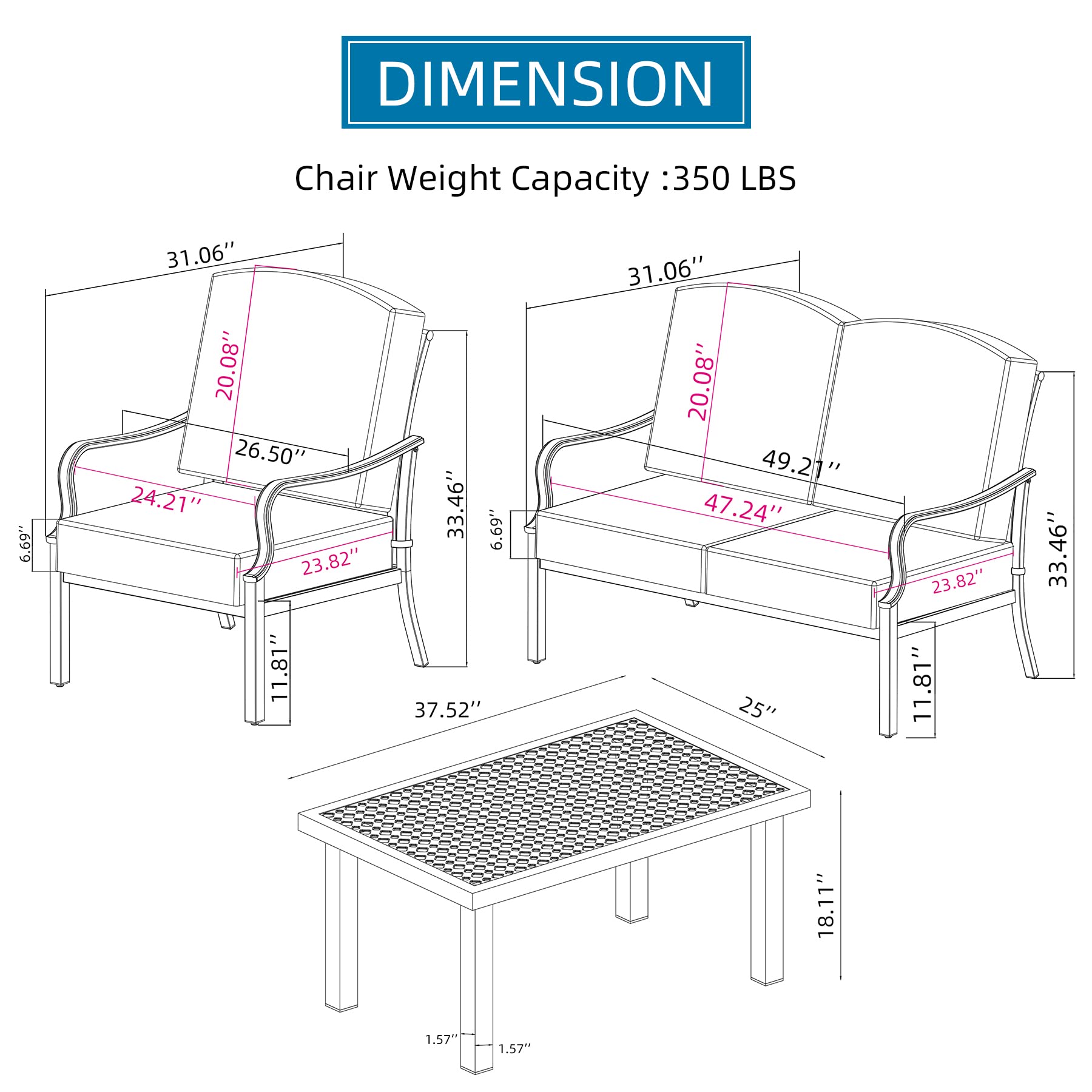 Domi Patio Conversation Set 4 Pieces, Metal Outdoor Patio Furniture with Coffee Table, All-Weather Modern Deep Seating Sofa Set with Cushions (Spring Coil Seat Cushion) -Beige