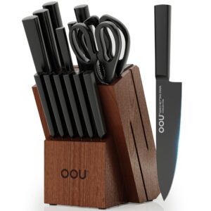 oou kitchen knife block set - 15 pieces high carbon stainless steel chef knife sets, anti-rust black knives set with built-in sharpener block, walnut