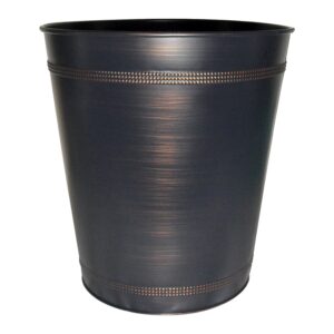 small round metal wastebasket- beaded recycle trash can 2.5 gallon, open top garbage container bin for bathrooms, kitchen, bedroom, home office - durable steel - oil rubbed bronze finish