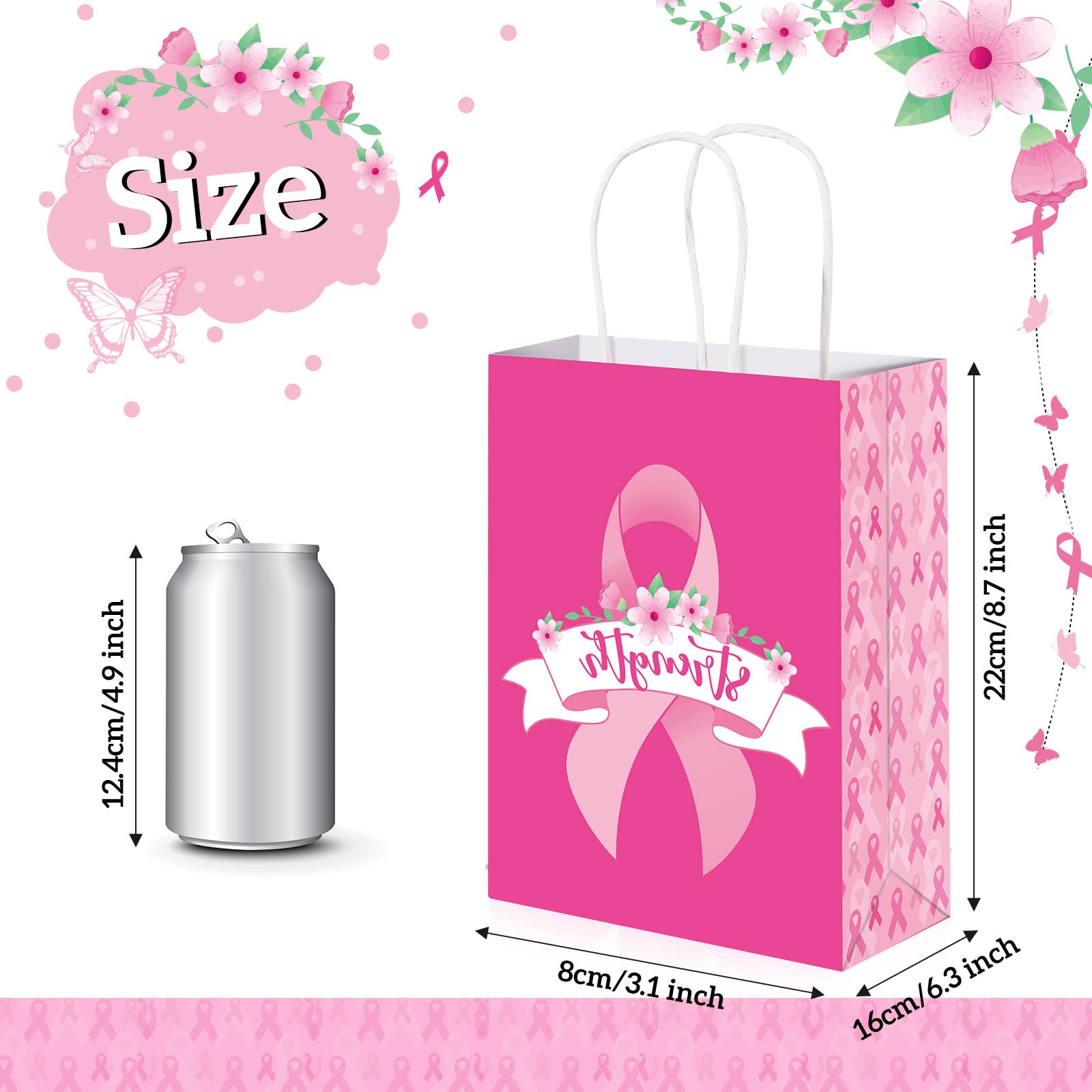 18 Pieces Breast Cancer Awareness Gift Bags, Pink Ribbon Awareness Paper Bags Breast Cancer Bags Pink Ribbon Gift Bags for Women Breast Cancer Awareness Gifts Charity Event Party Supplies