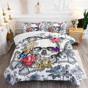 dycolor 3d gothic flower butterfly skull quilt, 3-piece flying skeleton butterfly skull comforter set with 1 comforter and 2 pillow cases for kids, teens, adults (white, queen)