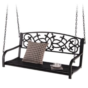 tangkula 2 person porch swing, hanging patio swing bench with chains, backrest & armrests, classic outdoor metal swing chair with floral pattern for garden, deck, backyard (brown)