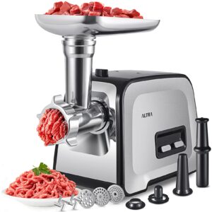 altra life meat grinder, sausage stuffer, [2800w max] electric meat mincer with stainless steel blades & 3 grinding plates,sausage maker & kubbe kit for home kitchen & commercial using (mg090-s)