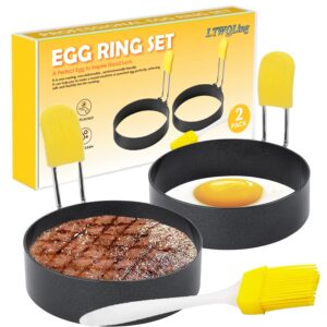 4 inch large egg rings for frying eggs, 2 pack stainless steel egg cooking rings nonstick round egg shaper mold with anti-scald handle for english muffins pancake cooking griddle