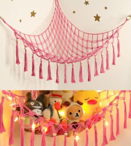 stuffed animal storage hammock corner with led light - toy hanging organizer plushie net - pink room decor for teen girls - cute bedroom aesthetic nursery kids baby toddler