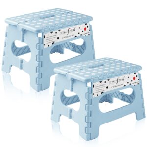 casafield 9" folding step stool with handle (set of 2), light blue - portable collapsible small plastic foot stool for kids and adults - use in the kitchen, bathroom and bedroom