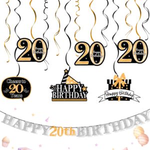 aerzetix happy 20th birthday decorations set,12pcs 20th birthday gold glitter swirls streamers,happy 20th birthday bunting banner,cheers to twenty years old bday party decorations.[pre-strung]