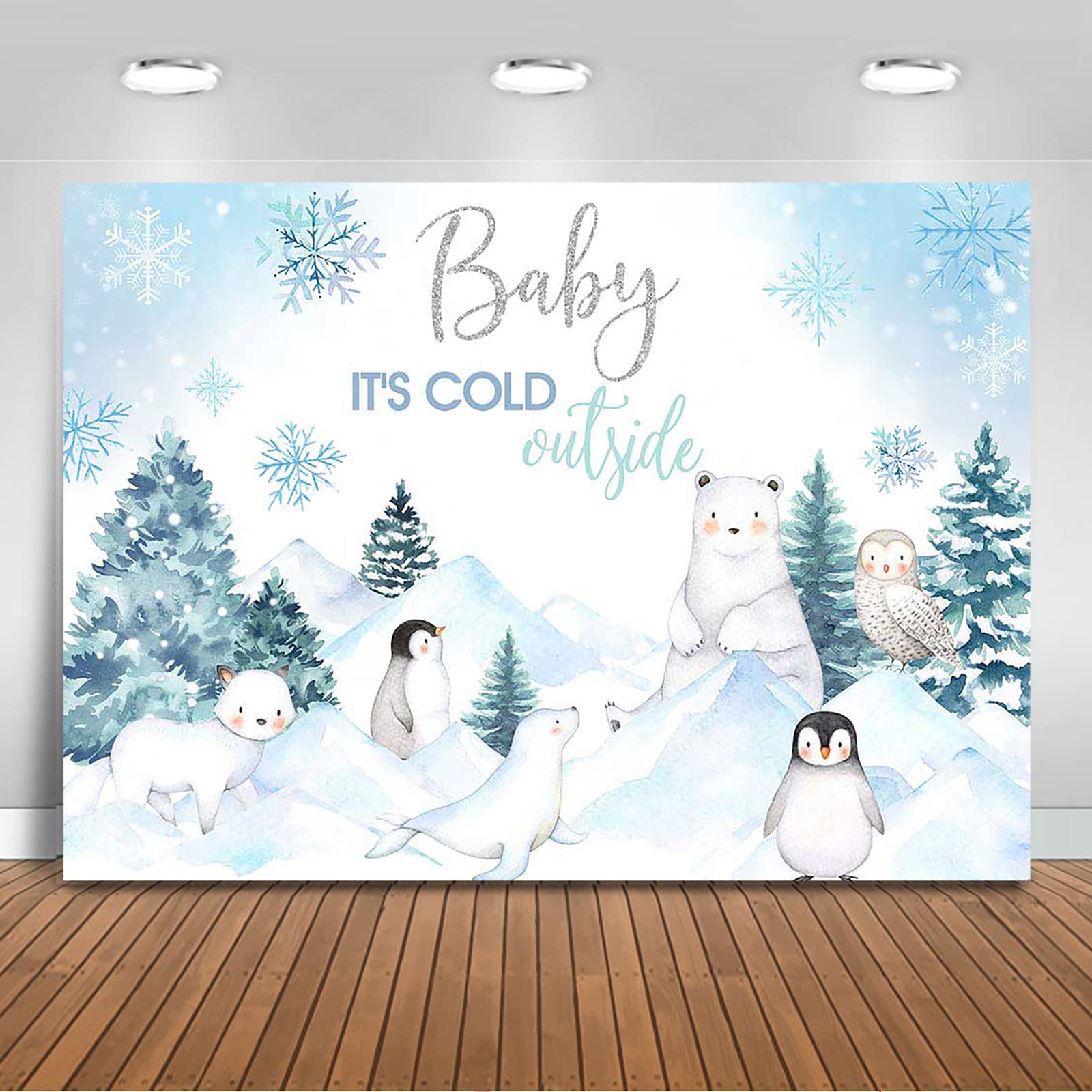 Mocsicka Baby It's Cold Outside Baby Shower Backdrop Arctic Animals Winter Woodland Baby Shower Party Decorations Snowflake Cute Polar Bear Penguin Photography Background (7x5ft)