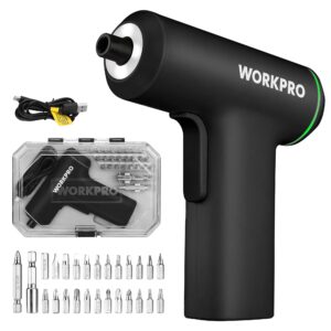 workpro electric cordless screwdriver set, 4v usb rechargeable lithium-ion battery power screwdriver kit with led light, screw gun with 28pcs accessories for home, office, apartment repair