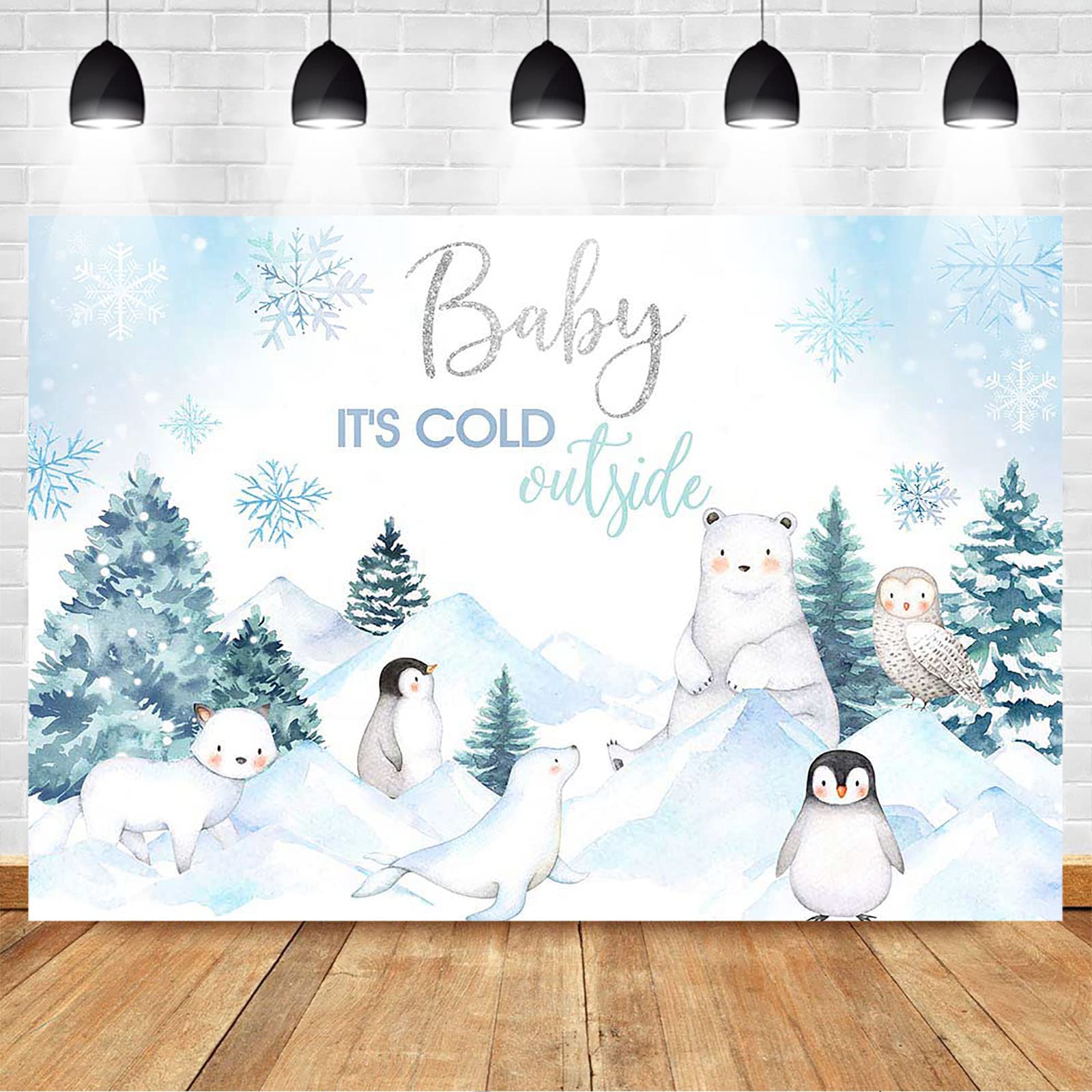 Mocsicka Baby It's Cold Outside Baby Shower Backdrop Arctic Animals Winter Woodland Baby Shower Party Decorations Snowflake Cute Polar Bear Penguin Photography Background (7x5ft)