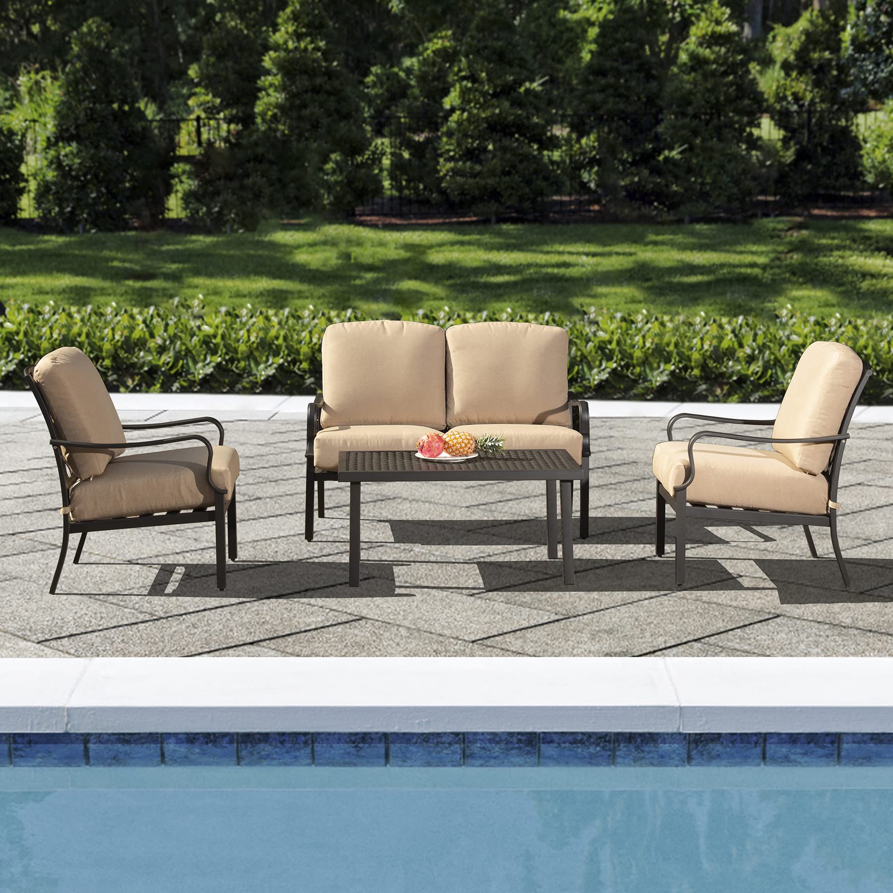 Domi Patio Conversation Set 4 Pieces, Metal Outdoor Patio Furniture with Coffee Table, All-Weather Modern Deep Seating Sofa Set with Cushions (Spring Coil Seat Cushion) -Beige