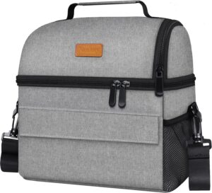 naukay lunch box for men women, dual compartment lunch bag, reusable insulated lunch bags large lunch box cooler tote bags with adjustable shoulder strap for office work picnic hiking fishing, grey