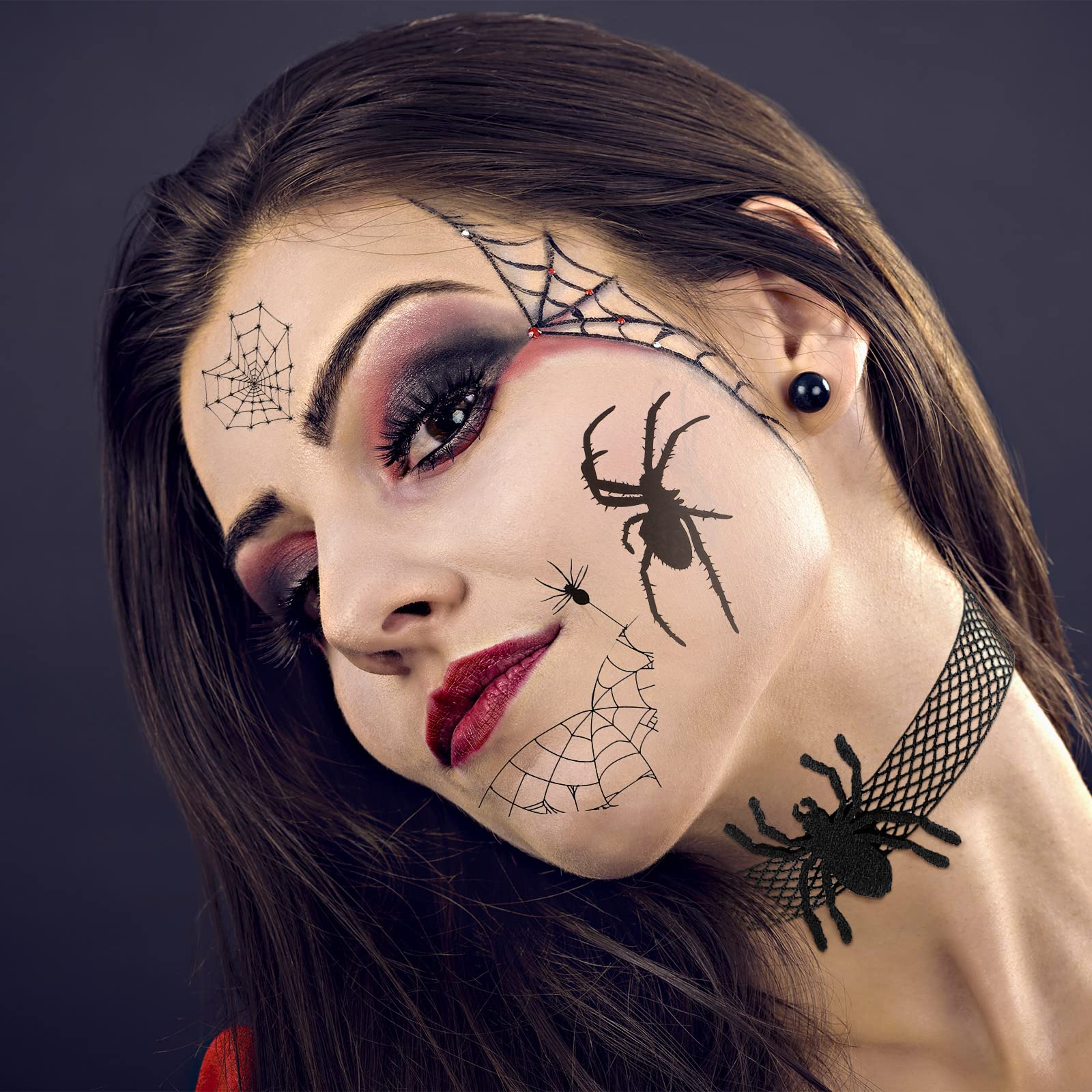 8 Pcs Halloween Cosplay Party Accessories 6 Sheet Halloween Spider Face Tattoos Spider Web Net Temporary Tattoos 1 Halloween Spider Necklace Lace Choker 1 Halloween Spiderweb Headband Head Piece