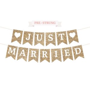 pre-strung just married banner - no diy - gold glitter wedding party banner - pre-strung garland on 6 ft strands - gold wedding reception party or car decorations & decor. did we mention no diy?