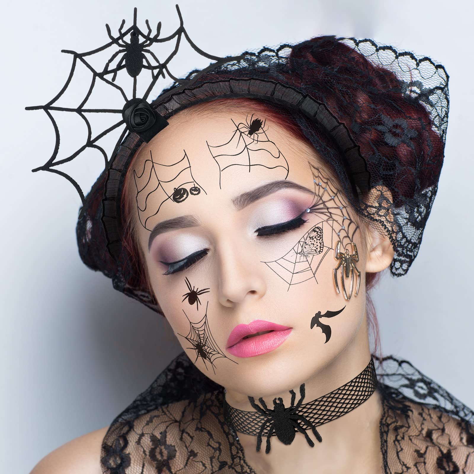 8 Pcs Halloween Cosplay Party Accessories 6 Sheet Halloween Spider Face Tattoos Spider Web Net Temporary Tattoos 1 Halloween Spider Necklace Lace Choker 1 Halloween Spiderweb Headband Head Piece