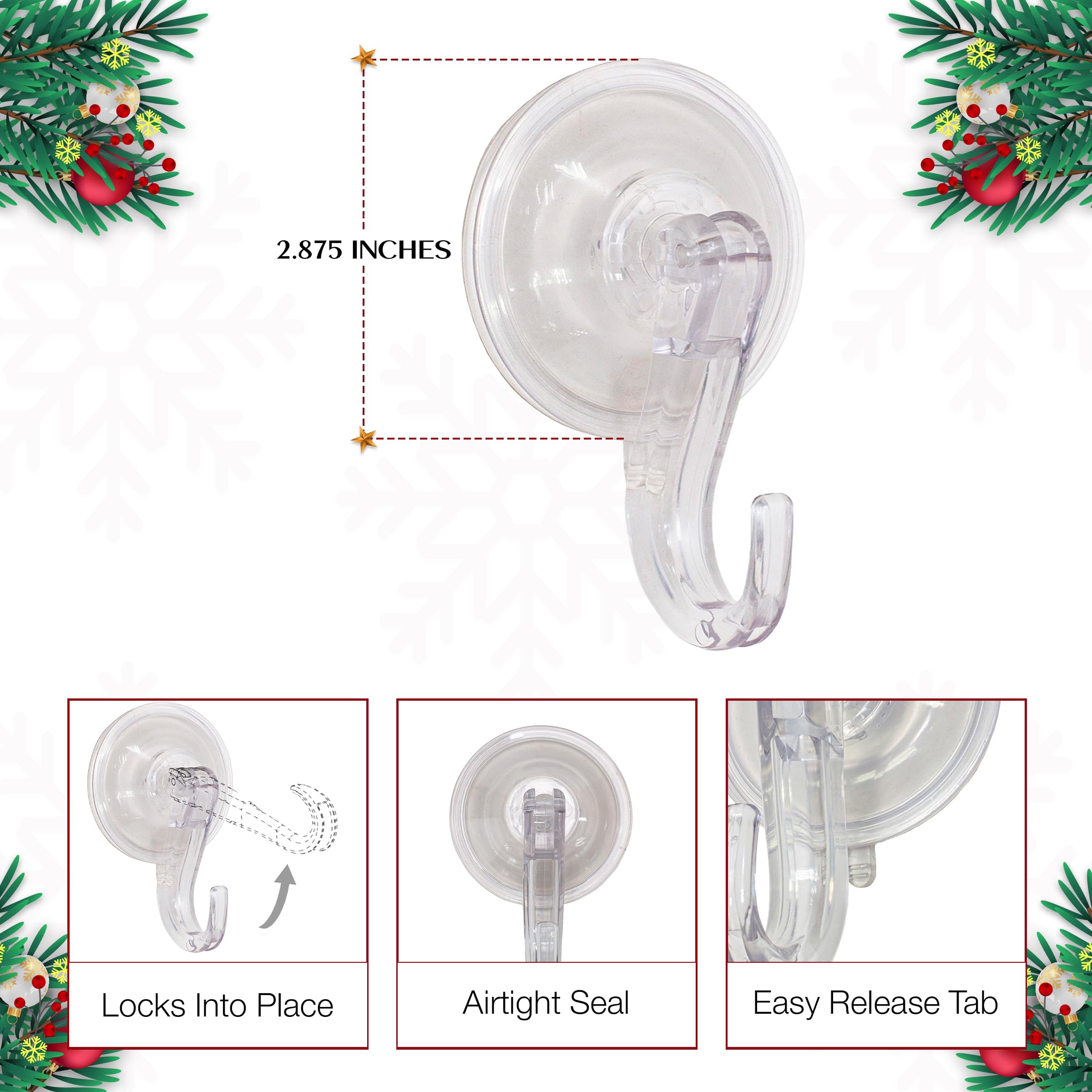 LITES-UP Christmas Wreath Hanger Heavy Duty Suction Cup Hooks for Holiday Decorations, Bath & Kitchen Accessories – Strong on Windows & Glass, Clear & Removable – Holds Up to 15 lbs – Set of 10