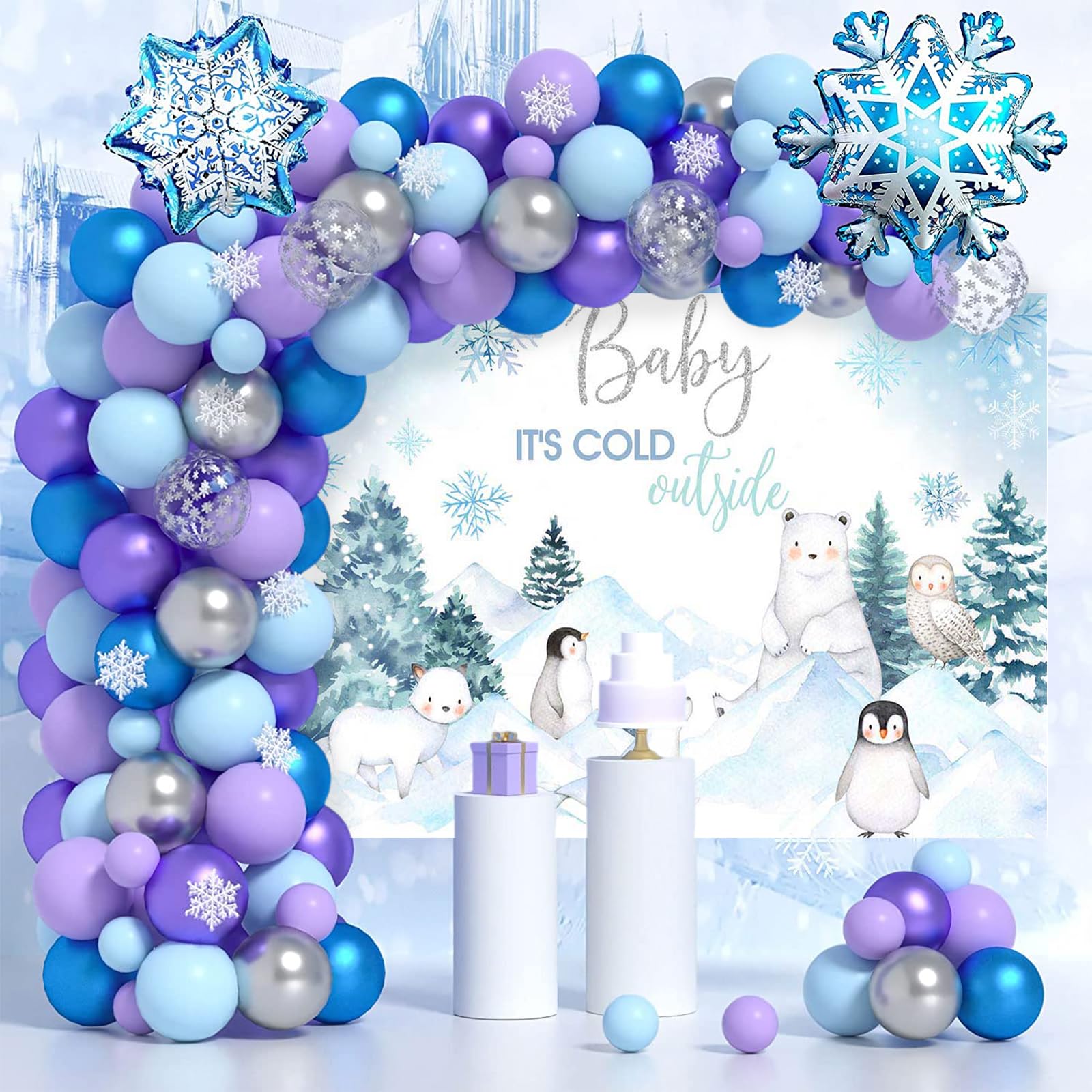 Mocsicka Baby It's Cold Outside Baby Shower Backdrop Arctic Animals Winter Woodland Baby Shower Party Decorations Snowflake Cute Polar Bear Penguin Photography Background (7x5ft)