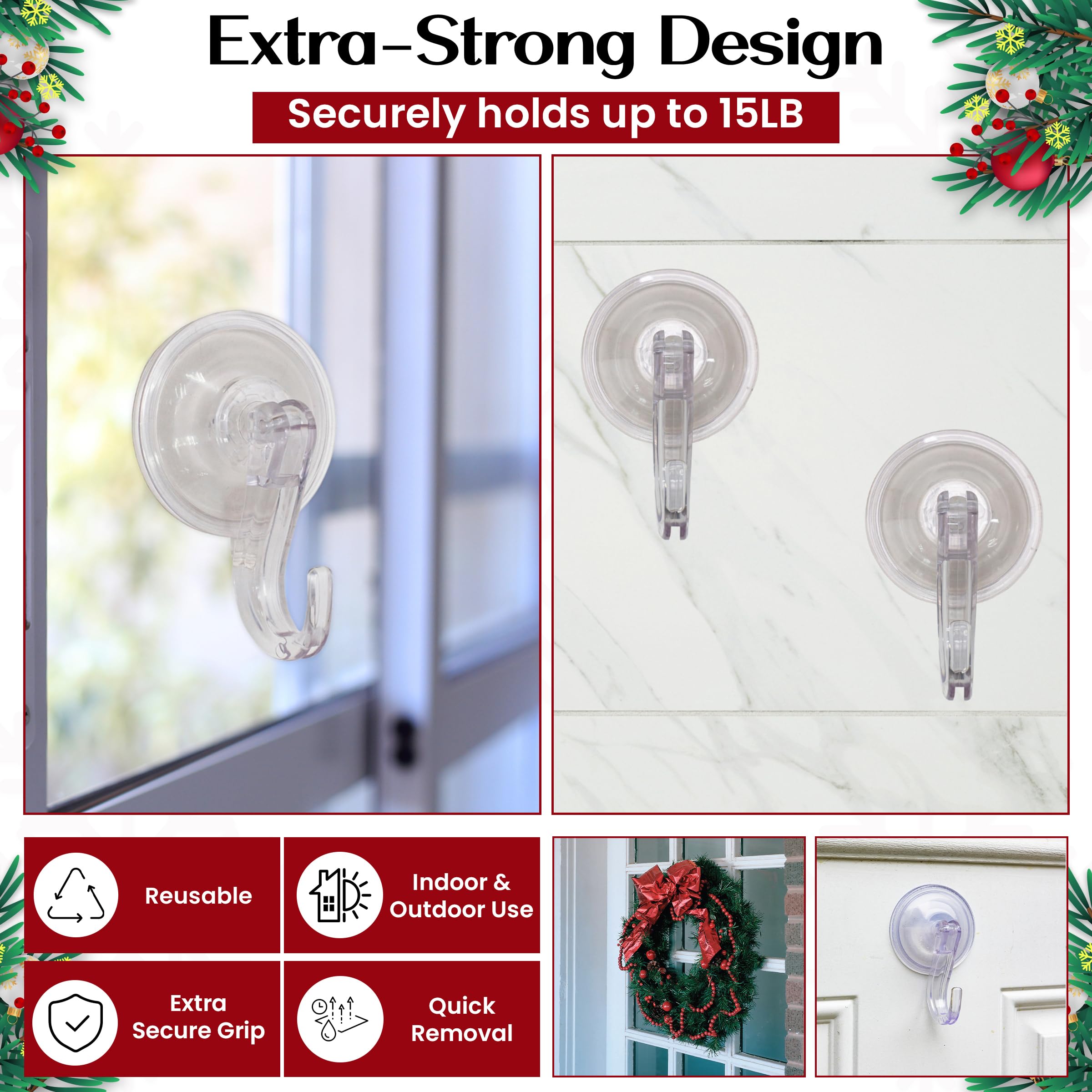 LITES-UP Christmas Wreath Hanger Heavy Duty Suction Cup Hooks for Holiday Decorations, Bath & Kitchen Accessories – Strong on Windows & Glass, Clear & Removable – Holds Up to 15 lbs – Set of 10