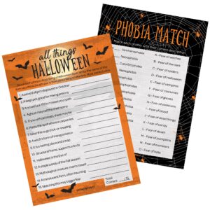 distinctivs halloween party games, halloween trivia & phobia match 2 game bundle - 25 count