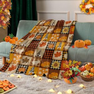 chucoco thanksgiving blankets fleece throw blanket 40x60in, fall pumpkin maple leaf dwarf soft plush flannel blankets vintage check lightweight fuzzy bed throws for couch/sofa/chair