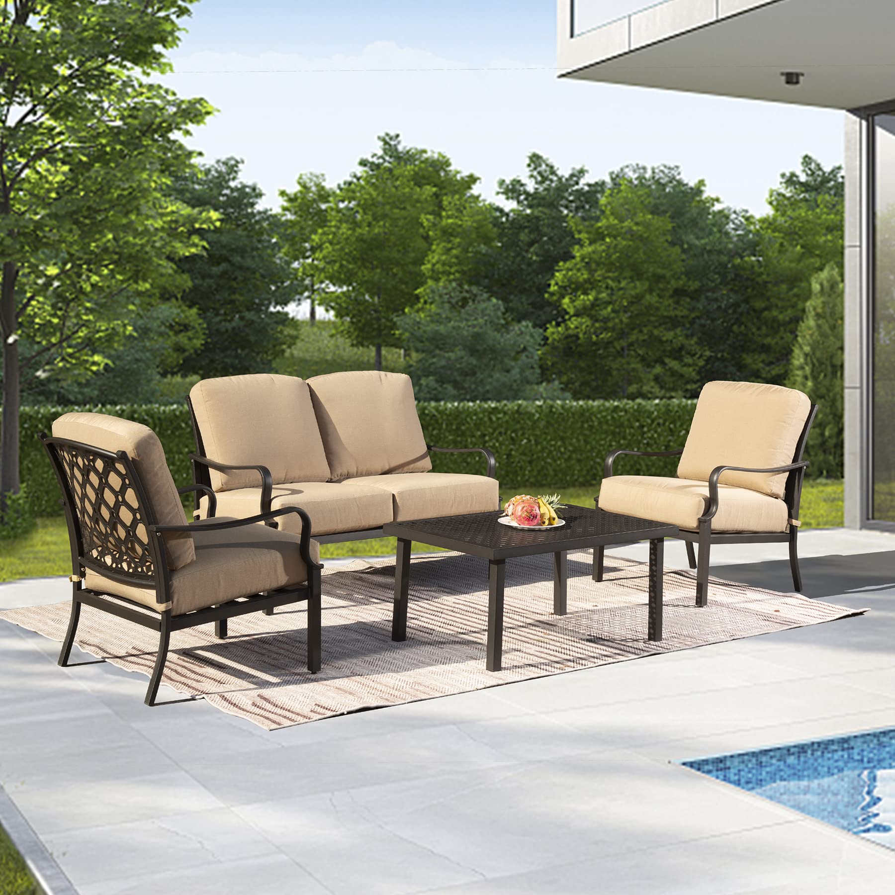 Domi Patio Conversation Set 4 Pieces, Metal Outdoor Patio Furniture with Coffee Table, All-Weather Modern Deep Seating Sofa Set with Cushions (Spring Coil Seat Cushion) -Beige