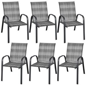 tangkula set of 6 outdoor pe wicker stackable chairs, patio dining chairs with sturdy steel frame, outdoor arm chairs for garden, yard, deck and lawn (1, mix grey)