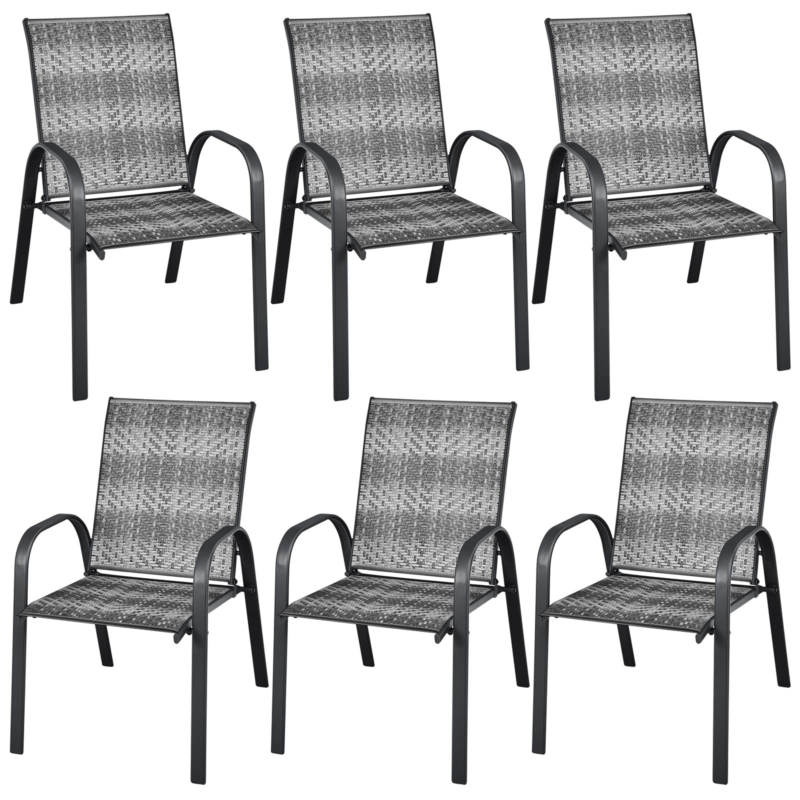 Tangkula Set of 6 Outdoor PE Wicker Stackable Chairs, Patio Dining Chairs with Sturdy Steel Frame, Outdoor Arm Chairs for Garden, Yard, Deck and Lawn (1, Mix Grey)