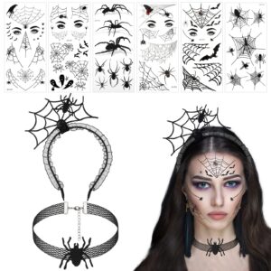 8 pcs halloween cosplay party accessories 6 sheet halloween spider face tattoos spider web net temporary tattoos 1 halloween spider necklace lace choker 1 halloween spiderweb headband head piece