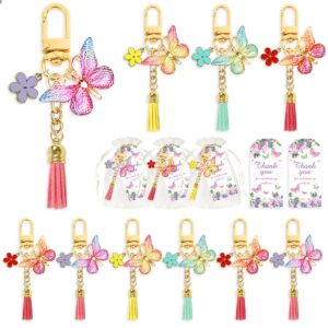 12 sets butterfly party favors tassel keychain fairy party decorations with laser butterfly flower gauze bag thank you cards for butterfly theme birthday party baby shower goodie bag decor (butterfly)