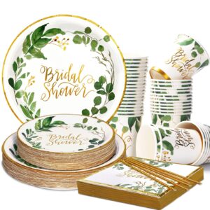 bridal shower decorations gold and green wedding shower plates and napkins party supplies for engagement wedding the bride-to-be bachelorette party favors, serves 50 guests