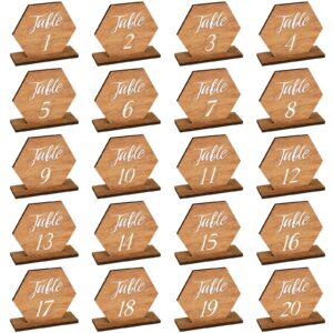 20 pieces wooden table numbers 1-20 wedding table numbers hexagon shape rustic wooden numbers with holder base for wedding event party decoration