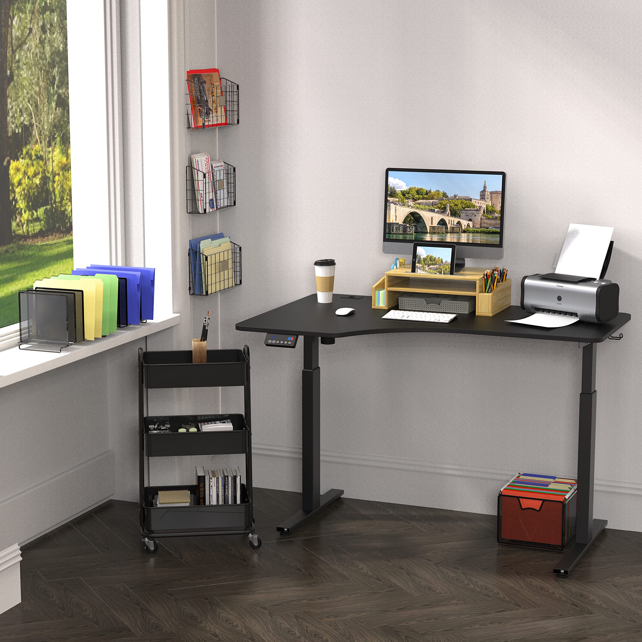 SHW 55-Inch L-Shaped Electric Height Adjustable L-Shaped Standing Desk with Left Facing Corner, Black