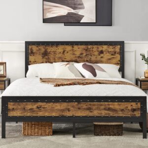 yaheetech full bed frame metal bed with rivet design wooden headboard&footboard, modern rustic style/no box spring needed/easy assembly, rustic brown full bed