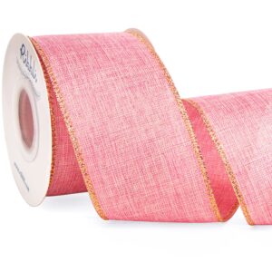 ribbli metallic rose pink linen wired ribbon,2-1/2 inch x continuous 10 yard, pink burlap ribbon with gold edge,christmas ribbon for wreaths,big bow,gift wrapping, christmas tree decoration