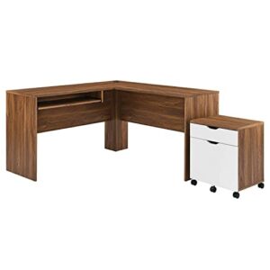 modway envision mid-century modern, desk and file cabinet set, walnut white